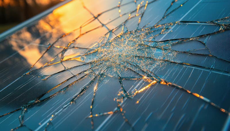 Broken Solar Panel Reflecting Setting Sun at Dusk Stock Photo - Image ...