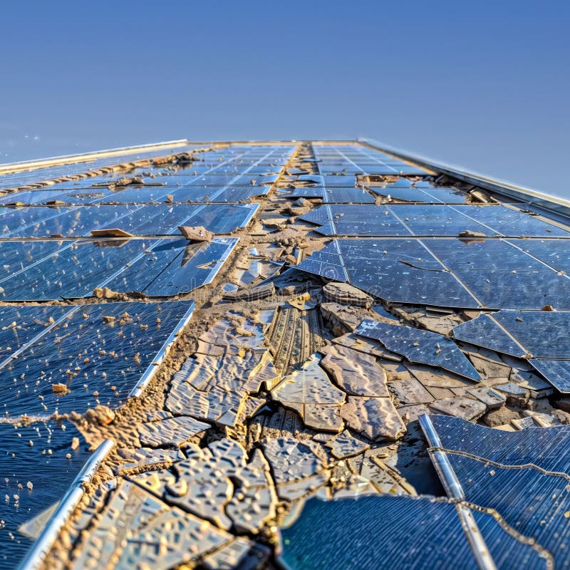Broken Solar Panels in Field, Generative Ai Stock Illustration ...