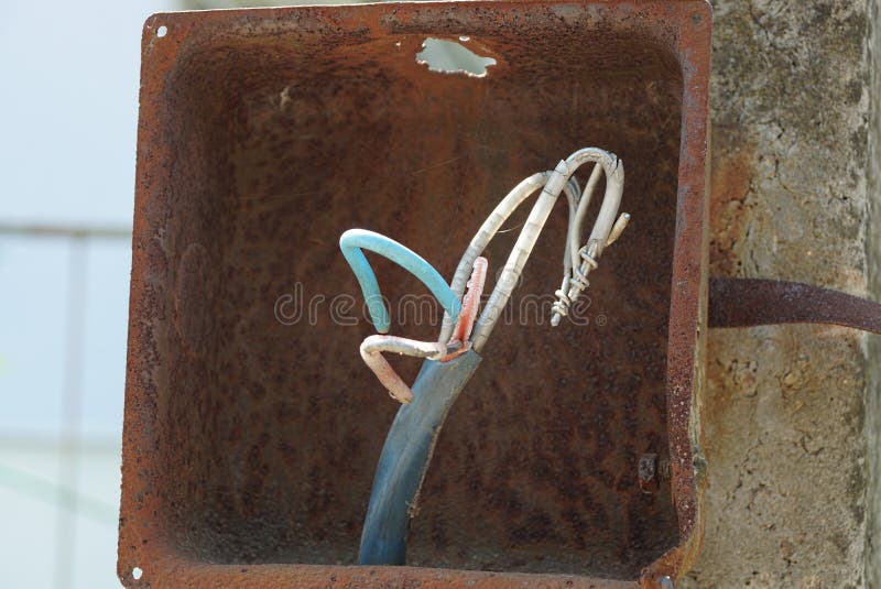 A Broken Square Metal Box Covered in Brown Rust with Pieces of Dangling ...