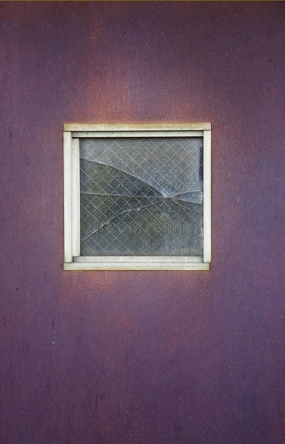 Broken Square Window in a Purple Metal Door Stock Photo - Image of ...