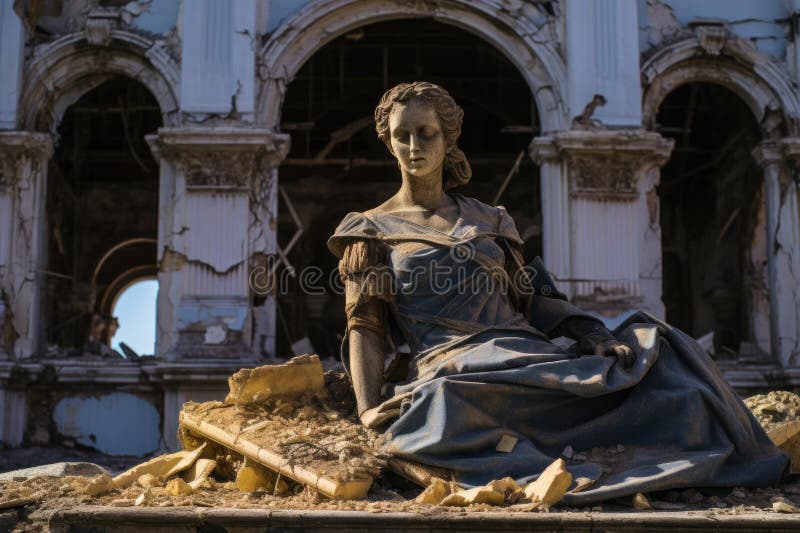 A Broken Statue in Front of a Damaged Historical Monument Stock Photo ...