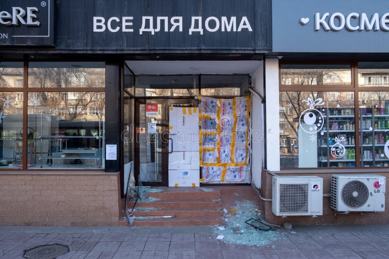 Broken Store Windows. Vandalized Stores in Almaty Editorial Photography ...