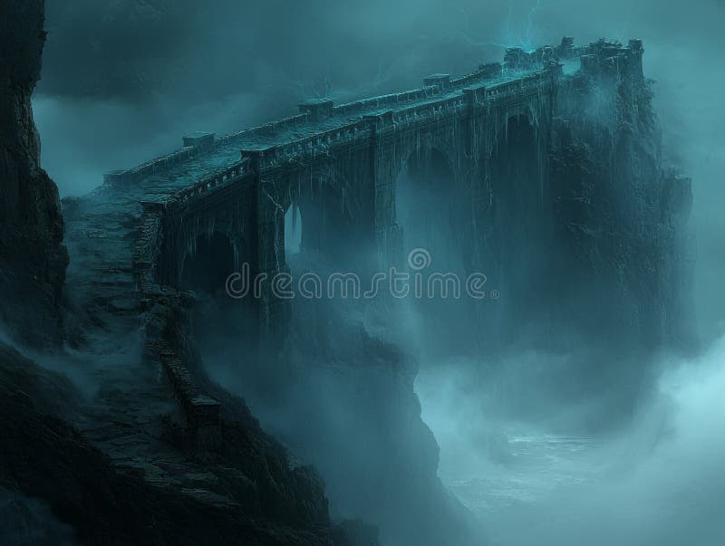 Broken Suspension Bridge Hangs Over Vast Chasm Shrouded in Mist and ...