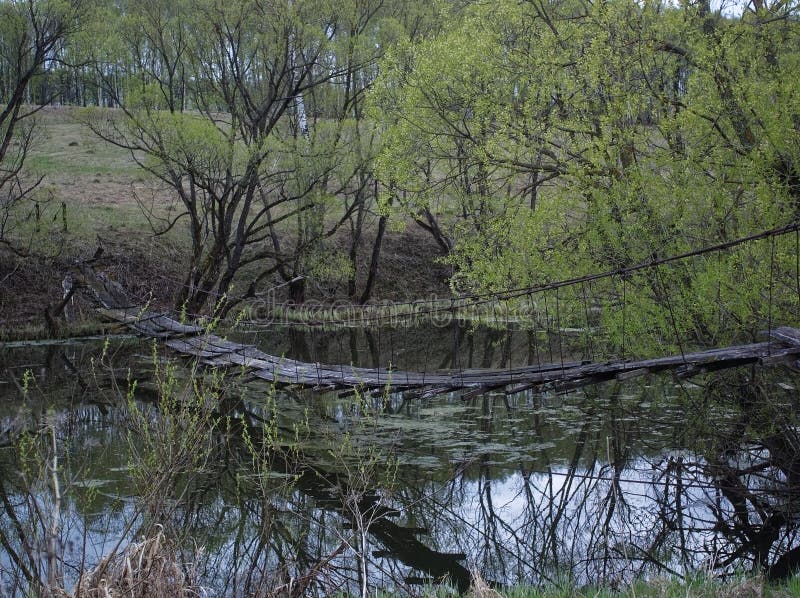 Broken Suspension Bridge on Spring Evening Stock Photo - Image of ...