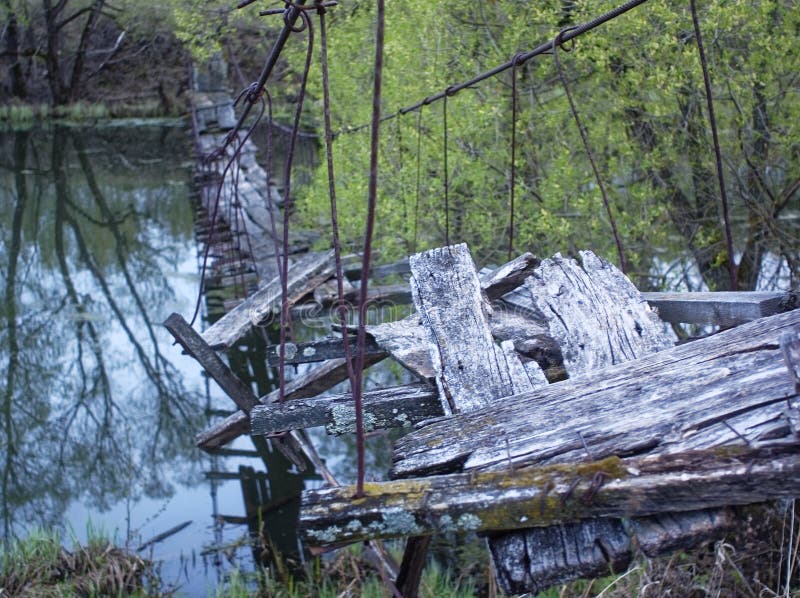 Broken Suspension Bridge on Spring Evening Stock Photo - Image of ...
