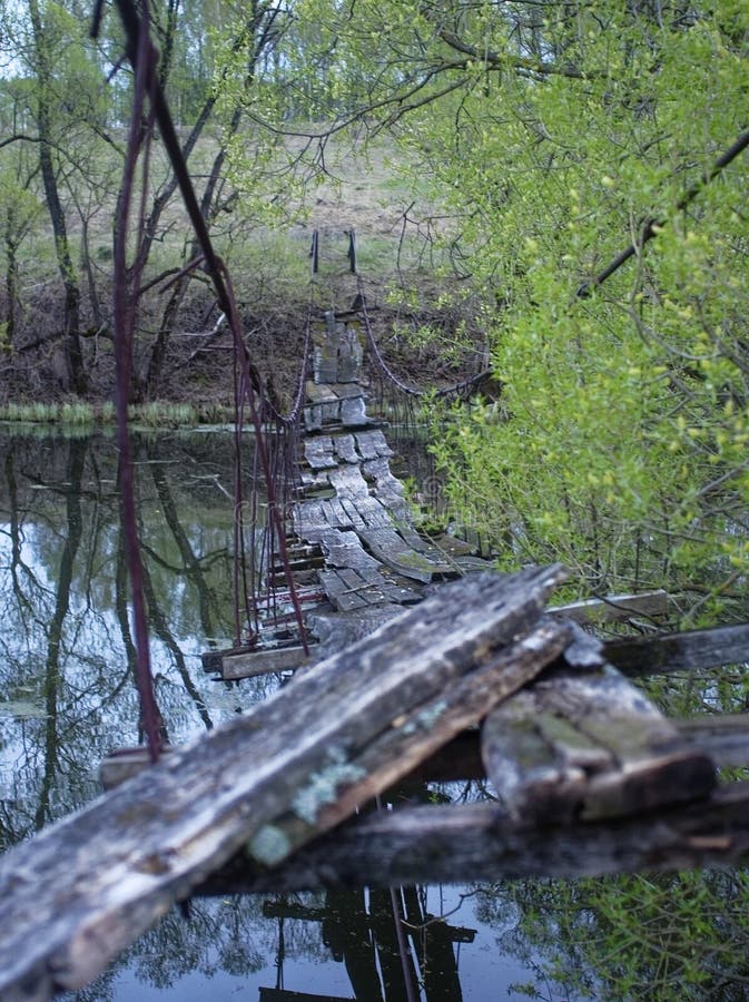Broken Suspension Bridge on Spring Evening Stock Photo - Image of ...