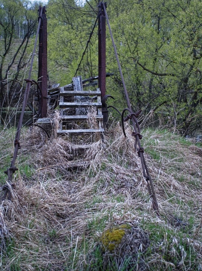 Broken Suspension Bridge on Spring Evening Stock Image - Image of cross ...