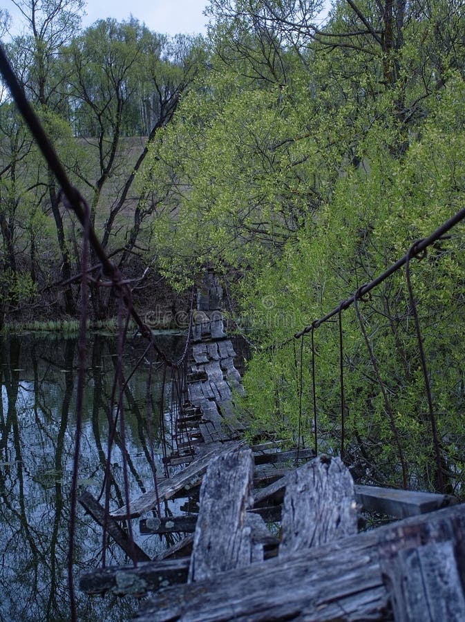 Broken Suspension Bridge on Spring Evening Stock Photo - Image of grass ...