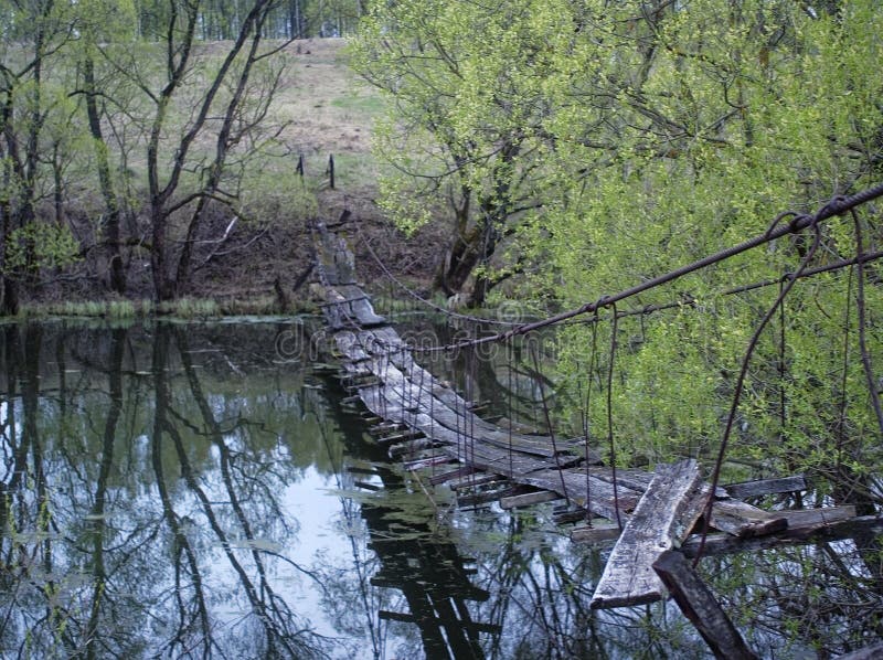 Broken Suspension Bridge on Spring Evening Stock Photo - Image of ...