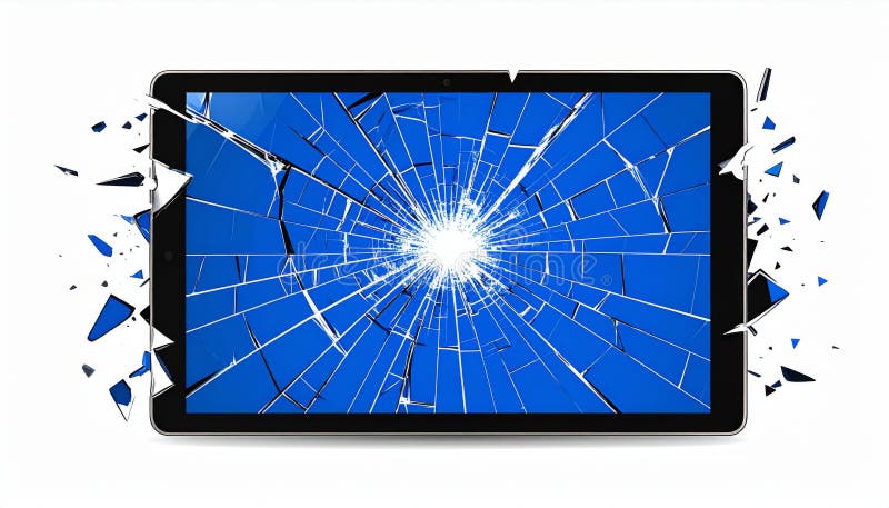 Broken Tablet Screen with Shattered Glass and Blue Background Stock ...