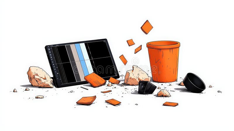 Broken Tablet Surrounded by Rocks and Orange Bucket on White Background ...