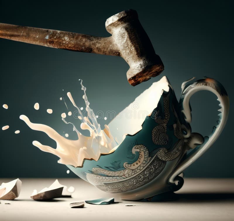 A Broken Tea Cup with a Hammer Sticking Out of it Stock Illustration ...