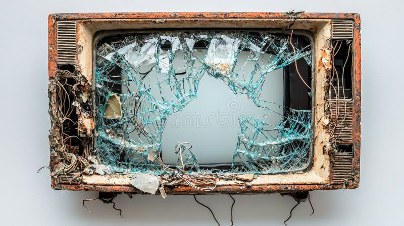 Broken Television Screen with Cracks and Damage in a Living Room Setting Stock Illustration ...