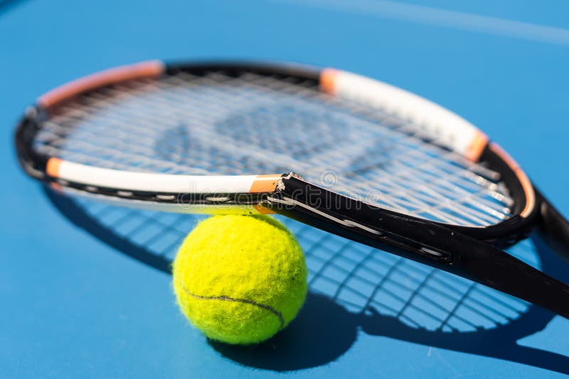 A Broken Tennis Racket Blue Tennis Court. Stock Photo - Image of ...