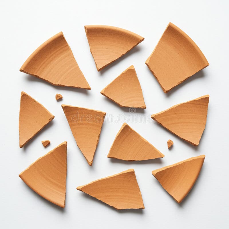 Broken Terracotta Pottery Shards Scattered on a White Surface. Each ...