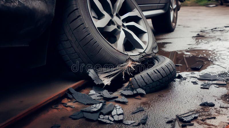 Broken Tire on a Car. Generated AI Stock Illustration - Illustration of ...