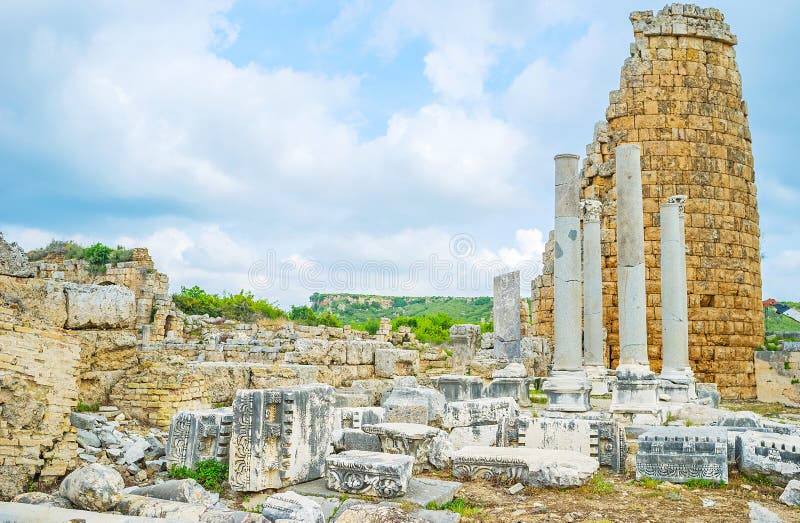 The broken tower in Perge stock photo. Image of aksu - 97745120