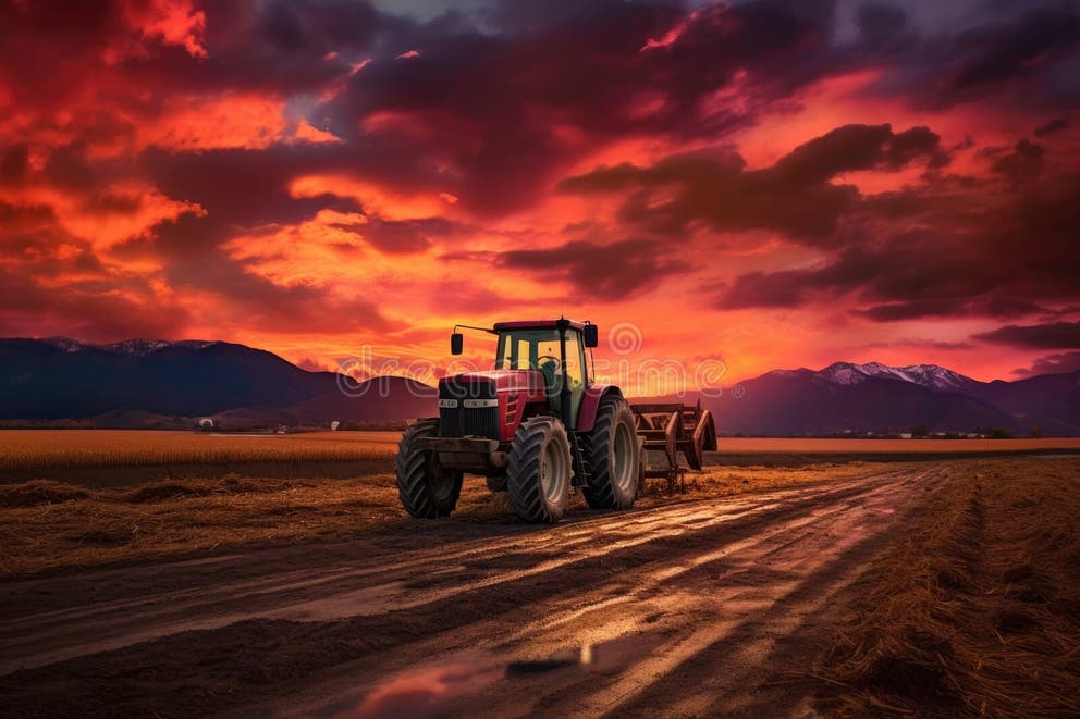 Broken Tractor with Dramatic Sunset Backdrop Stock Illustration ...