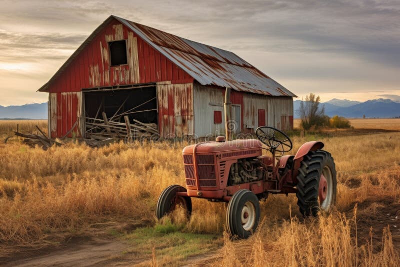 Broken Tractor Near Old Barn in Rural Landscape Stock Illustration ...