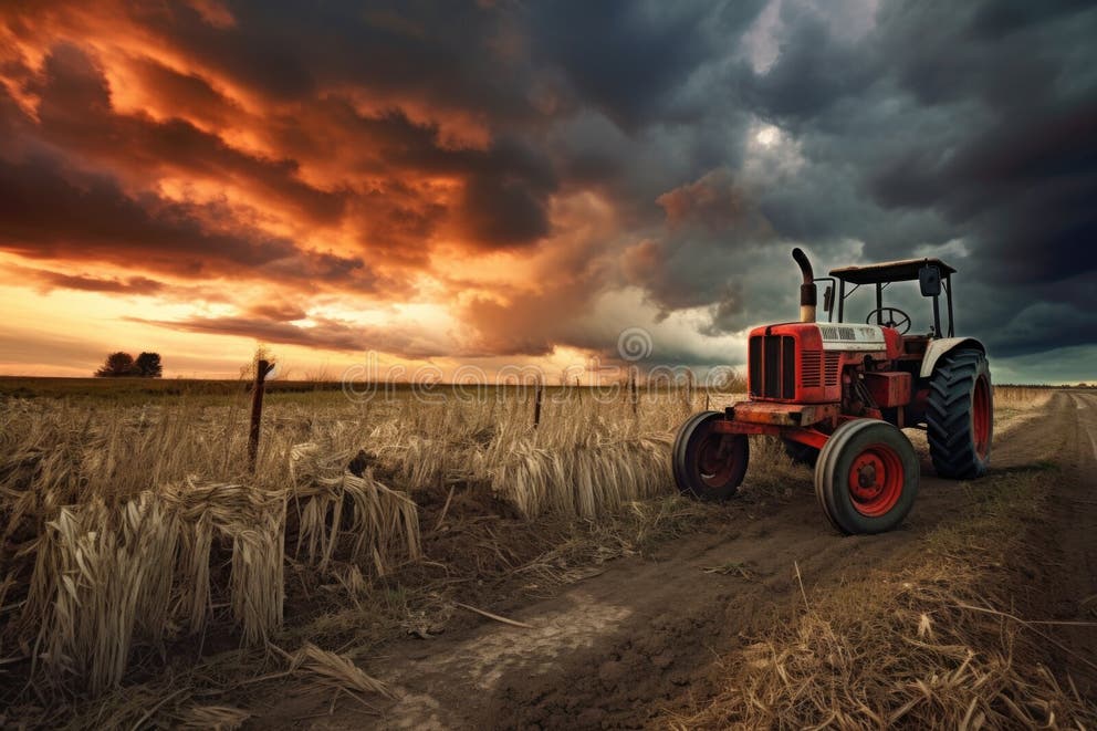Broken Tractor Under Dramatic Stormy Sky Stock Illustration ...