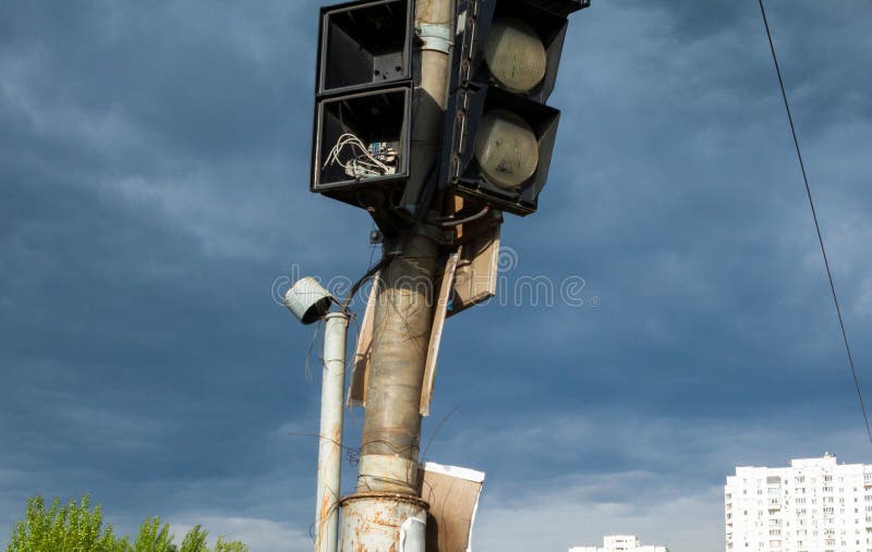 Broken Traffic Lights on the Post Stock Photo - Image of demolished ...