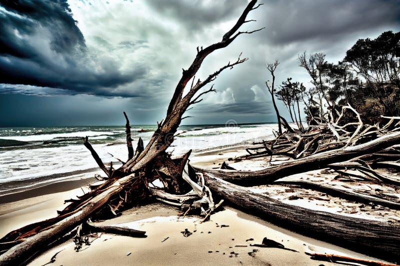 Broken Trees and Fallen Branches in Hurricane Aftermath on Beach Stock ...