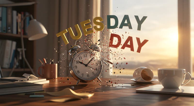 Broken Tuesday Alarm – Exploding Clock with Floating Letters Stock ...