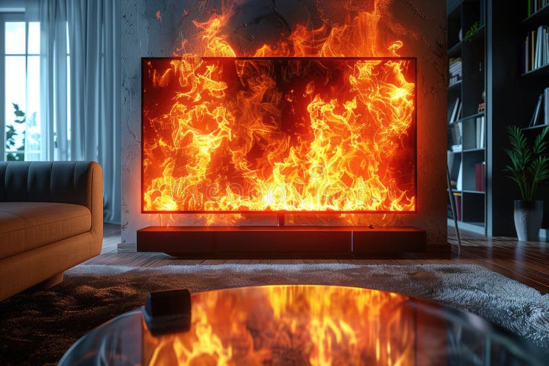 Broken TV Burning in Flames, Concept of Short Circuit, Fire Safety ...