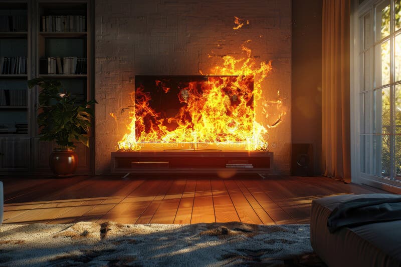 Broken TV Burning in Flames, Concept of Short Circuit, Fire Safety ...