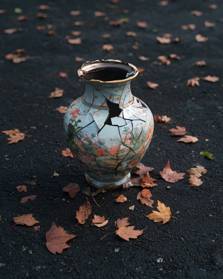 Broken Vase on the Ground Surrounded by Leaves. Stock Illustration ...