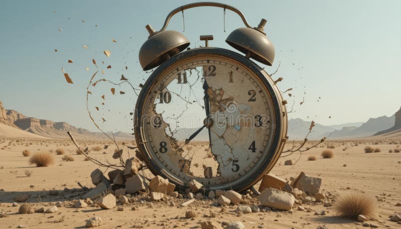 Broken Vintage Alarm Clock Exploding in a Desert Landscape Under a ...