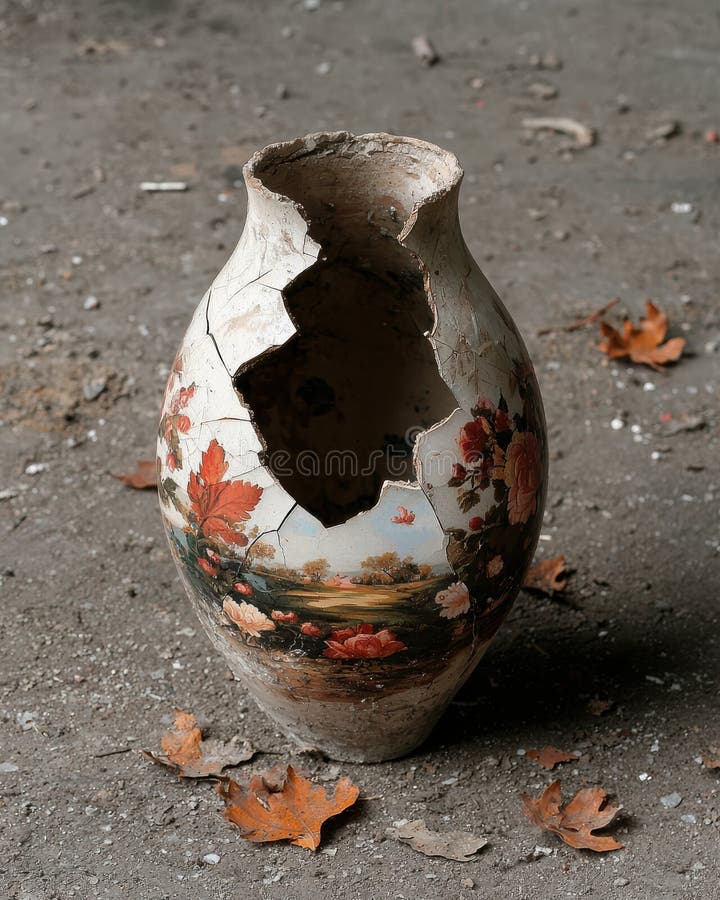 Broken Vintage Vase with Floral Pattern on the Ground Stock ...