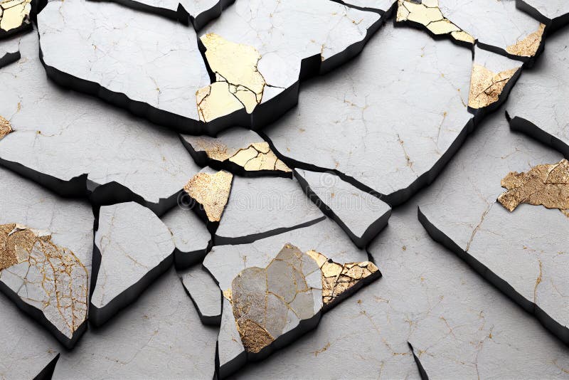 A Broken Wall with a Bunch of Broken Pieces of Gold Paint on it and a ...