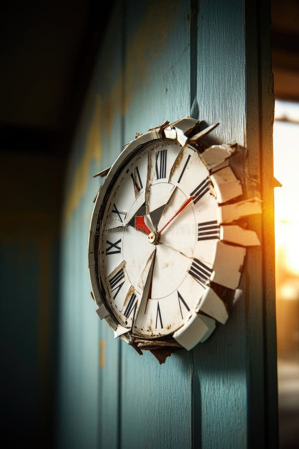 Broken Wall Clock with Roman Numerals and Sunlight Reflection on Blue ...