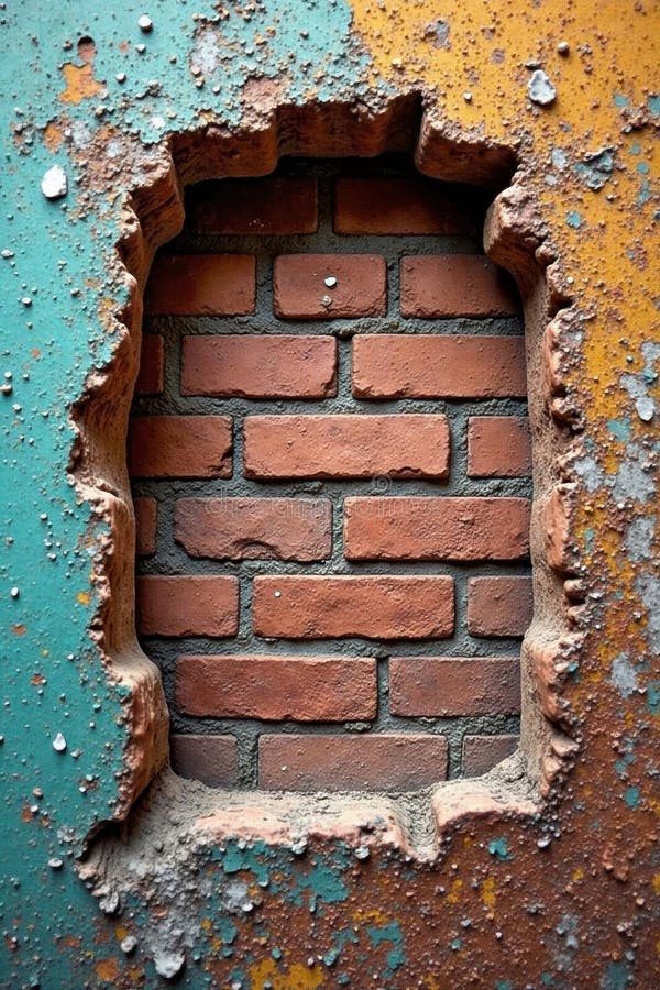 Broken Wall Section, Torn Wallpaper Reveals Aged Brick Beneath ...