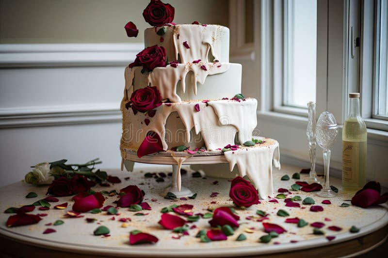 Broken Wedding Cake with Cascading Icing and Rose Petals Stock ...