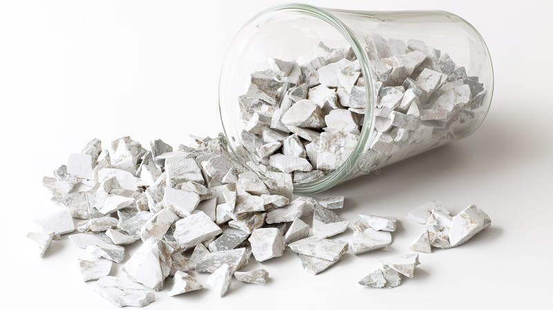 Broken White Stone Pieces Scattered from a Glass Container on a Plain ...