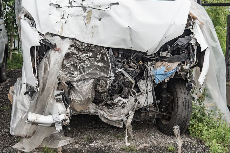 A Broken White Van in the Parking Lot Stock Photo - Image of damaged ...