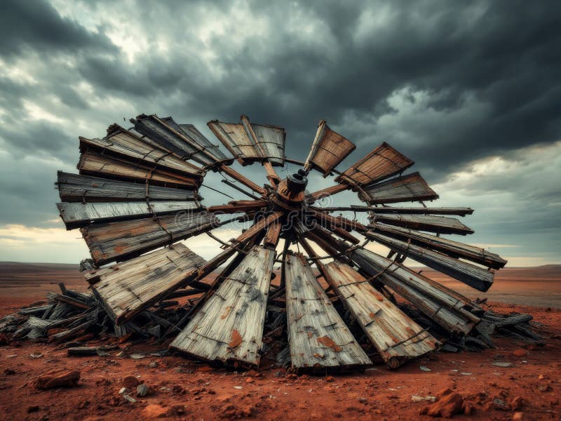 Broken Windmill in the Desert Under a Dramatic Cloudy Sky Stock Image ...