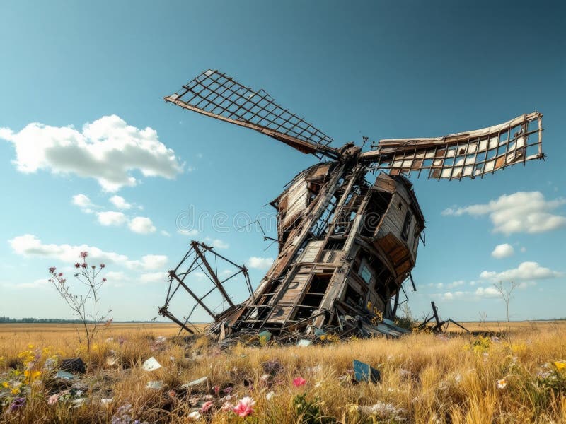 Broken Windmill Lying in a Field Under Blue Sky Stock Photo - Image of ...