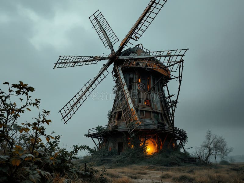 Broken Windmill Standing in Overgrown Field at Dusk Stock Image - Image ...