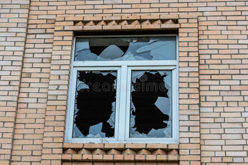 Broken Window in an Abandoned Brick House. Close Up Stock Image - Image ...