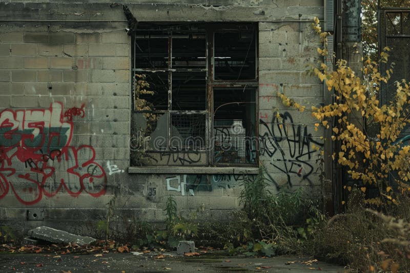 Abandoned Yellow Building Graffiti Overgrown Weeds Stock Photos - Free ...