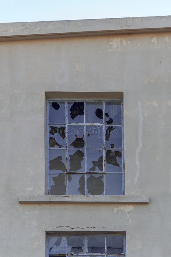 Big Broken Window Glass on Abandoned Building and Cracked Glass Stock ...