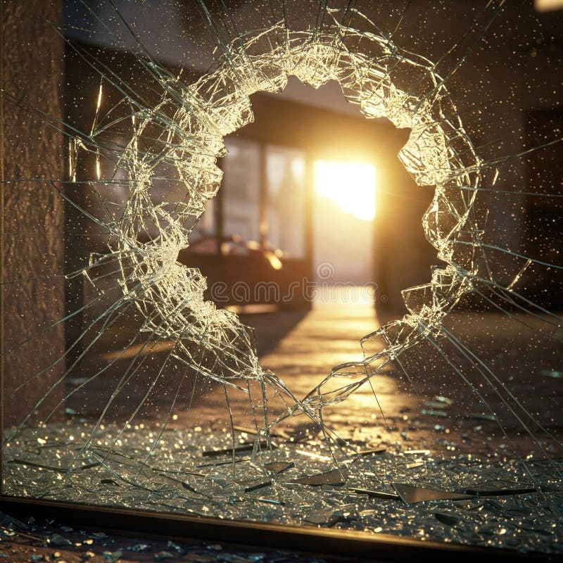 A Broken Window with an Impact Hole Against the Sunset. Stock Image ...