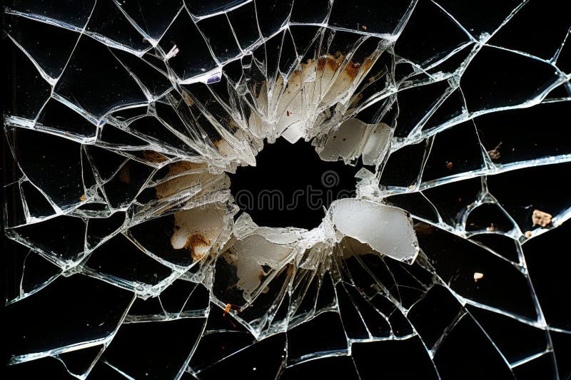 Broken Window Pane with Shattered Glass and Circular Hole, Displaying ...