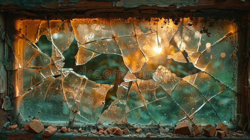 Broken Window Pane with Sunset Light through the Shattered Glass Stock ...