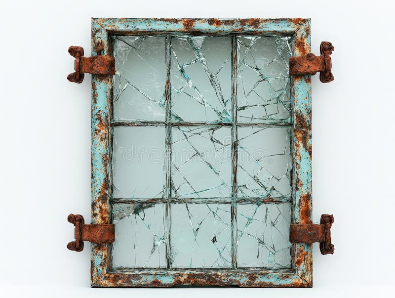 Broken Window with Rusted Frame and Shattered Glass in an Abandoned ...