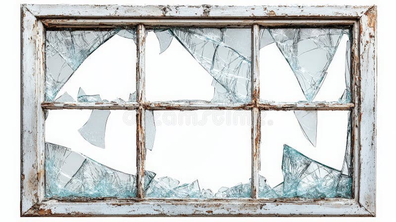Broken Window with Shattered Glass Pieces and Frame Against a Blurred ...