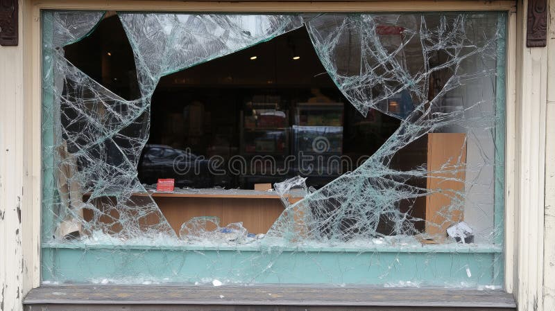 Broken Window with Shattered Glass, Storefront Damage Visible Stock ...